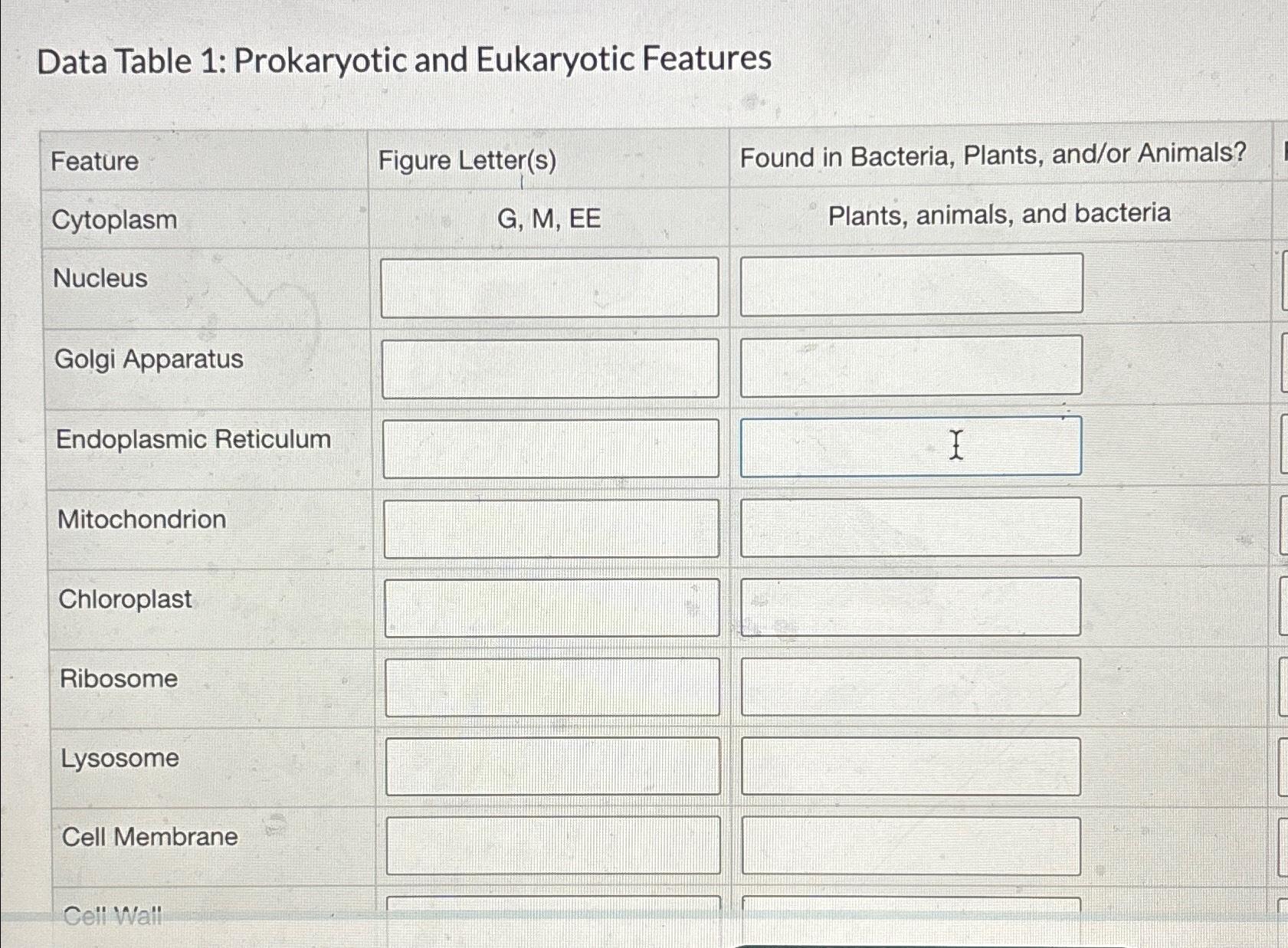 Solved Data Table 1: Prokaryotic and Eukaryotic Features | Chegg.com