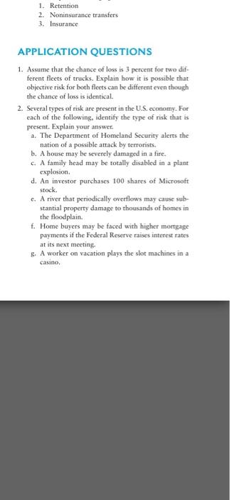 Solved 1. Retention 2. Noninsurance transfers 3. Insurance | Chegg.com