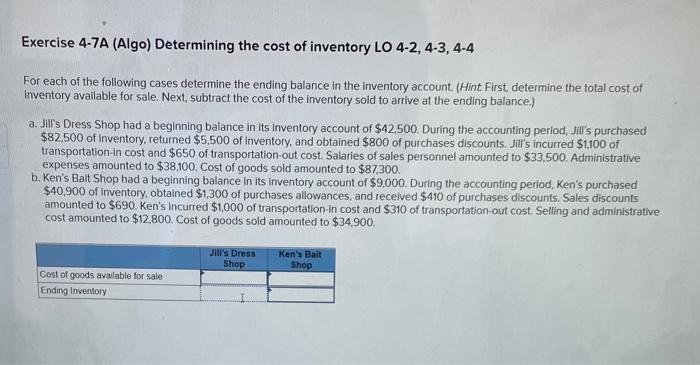 Solved Exercise 4-7A (Algo) Determining the cost of | Chegg.com
