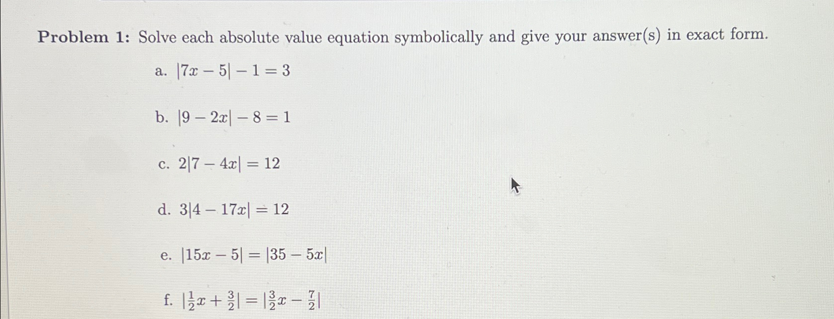 Solved Problem 1: Solve each absolute value equation | Chegg.com