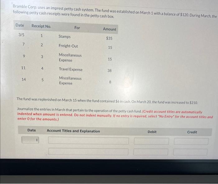 Solved Bramble Corp. uses an imprest petty cash system. The | Chegg.com