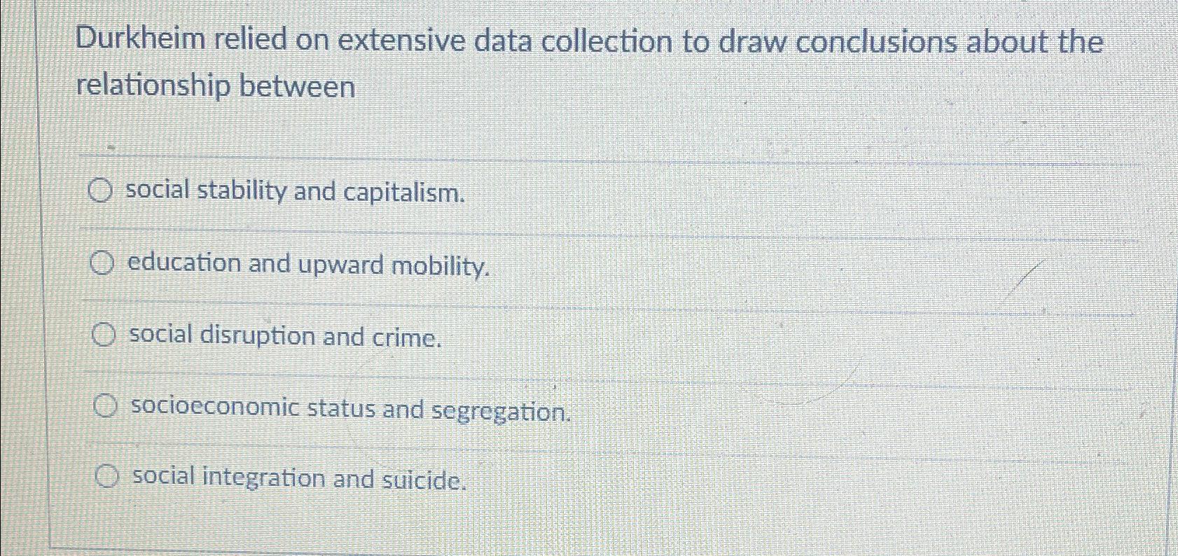 Solved Durkheim relied on extensive data collection to draw | Chegg.com