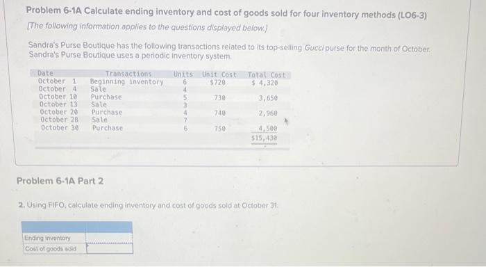 Solved Problem 6-1A Calculate ending inventory and cost of | Chegg.com