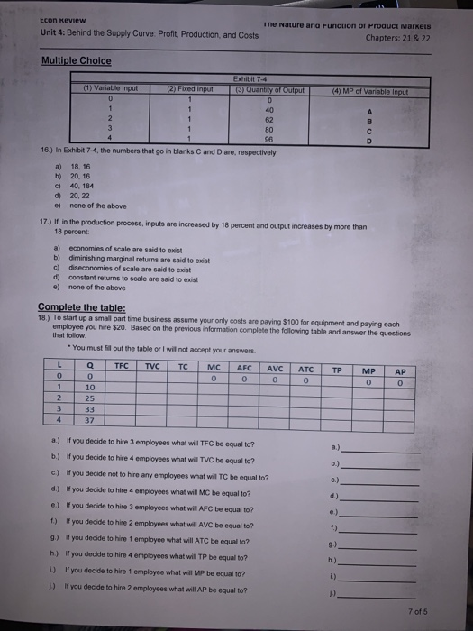 Solved Econ Review Unit 4: Behind the Supply Curve: Profit, | Chegg.com