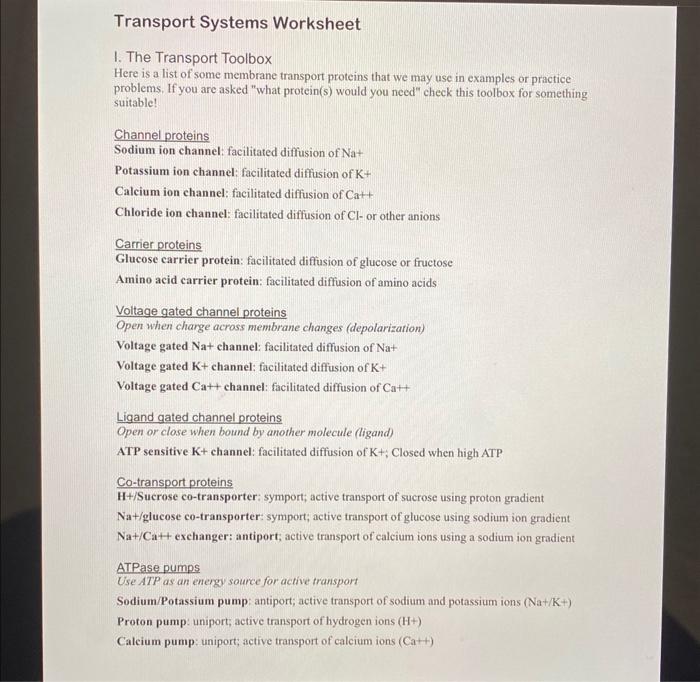 Solved I. The Transport Toolbox Here is a list of some | Chegg.com
