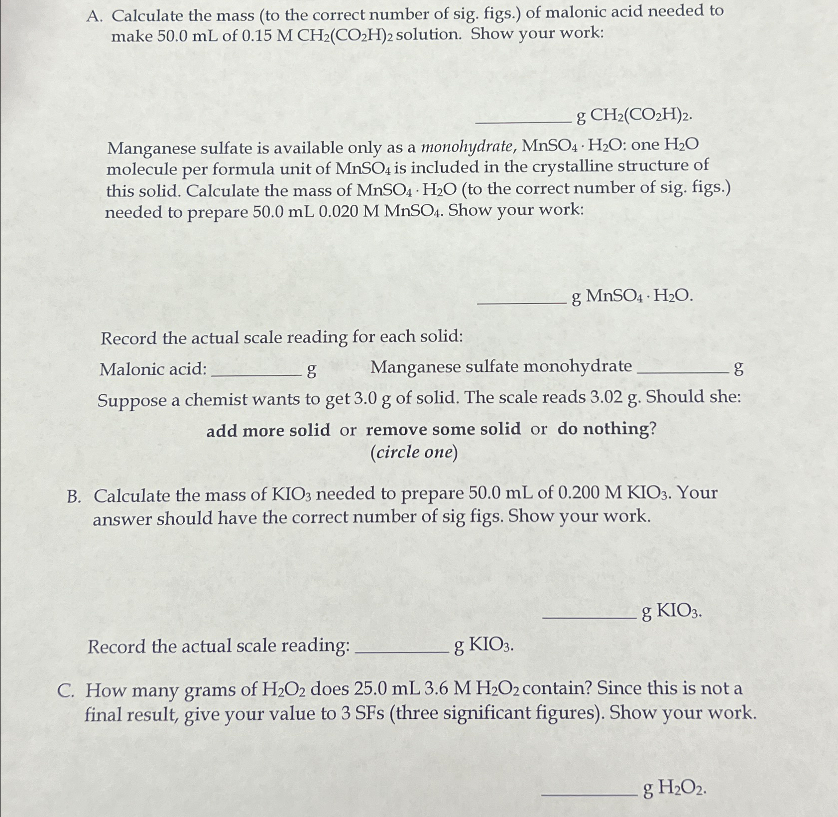 Solved A. ﻿Calculate the mass (to the correct number of sig. | Chegg.com