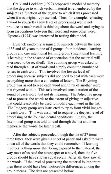Solved Craik and Lockhart (1972) proposed a model of memory | Chegg.com