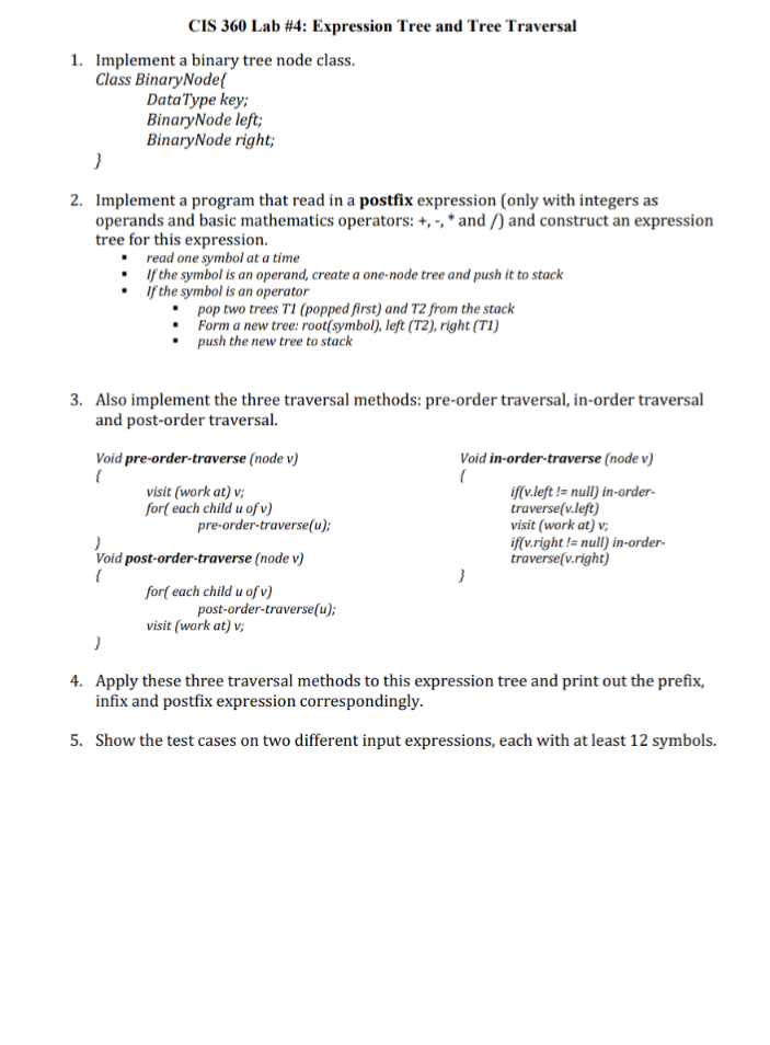 Solved Cis 360 Lab 4 Expression Tree And Tree Traversal 1