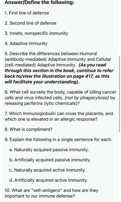 Solved Answer/Define the following: 1. First line of defense | Chegg.com