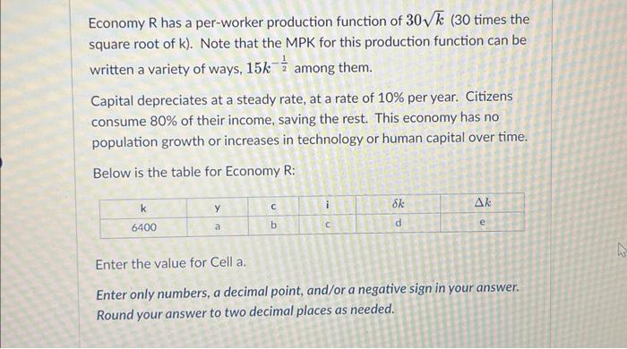 Solved Economy R has a per-worker production function of 30k | Chegg.com