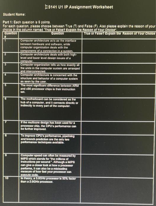 Solved K S141 U1 IP Assignment Worksheet Student Name: Part | Chegg.com