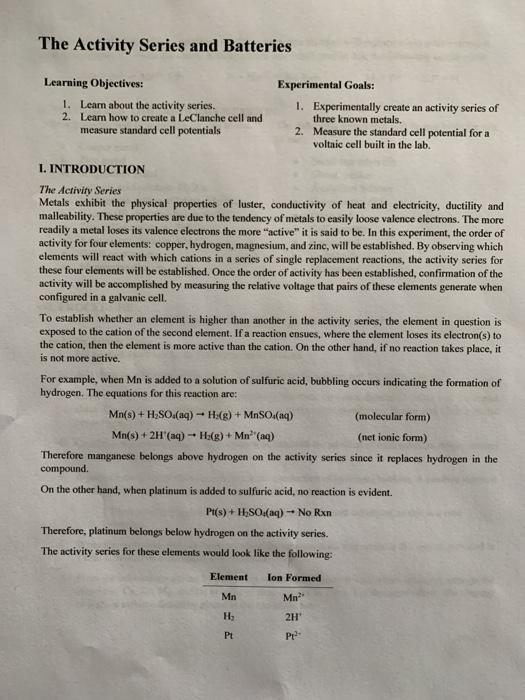 Solved The Activity Series and Batteries Learning | Chegg.com