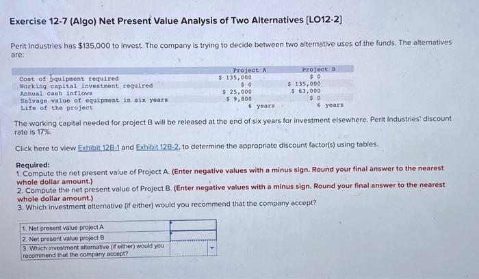 Solved Exercise 12-7 (Algo) Net Present Value Analysis of | Chegg.com