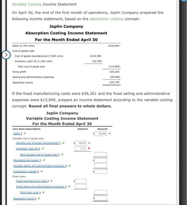 Solved Variable Costing Income Statement On April 30, the | Chegg.com
