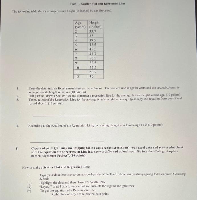 Part 1. Seatter Plot and Regression Line The | Chegg.com