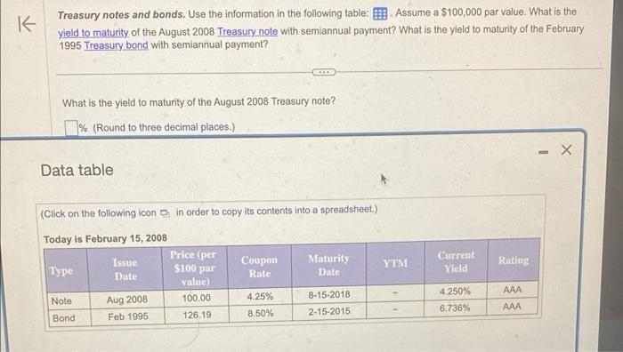 Solved Treasury notes and bonds. Use the information in the | Chegg.com