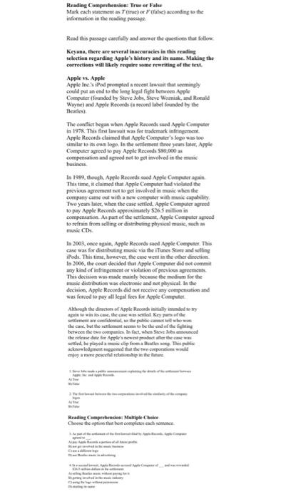 Solved Reading Comprehension True or False Mark each | Chegg.com