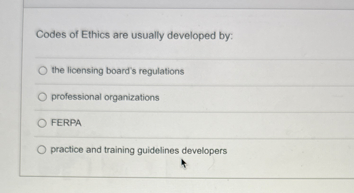 Solved Codes of Ethics are usually developed by:the | Chegg.com