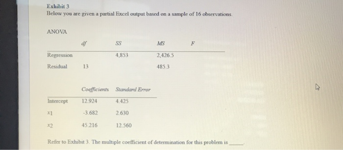 Solved Exhibit 3 Below you are given a partial Excel output | Chegg.com