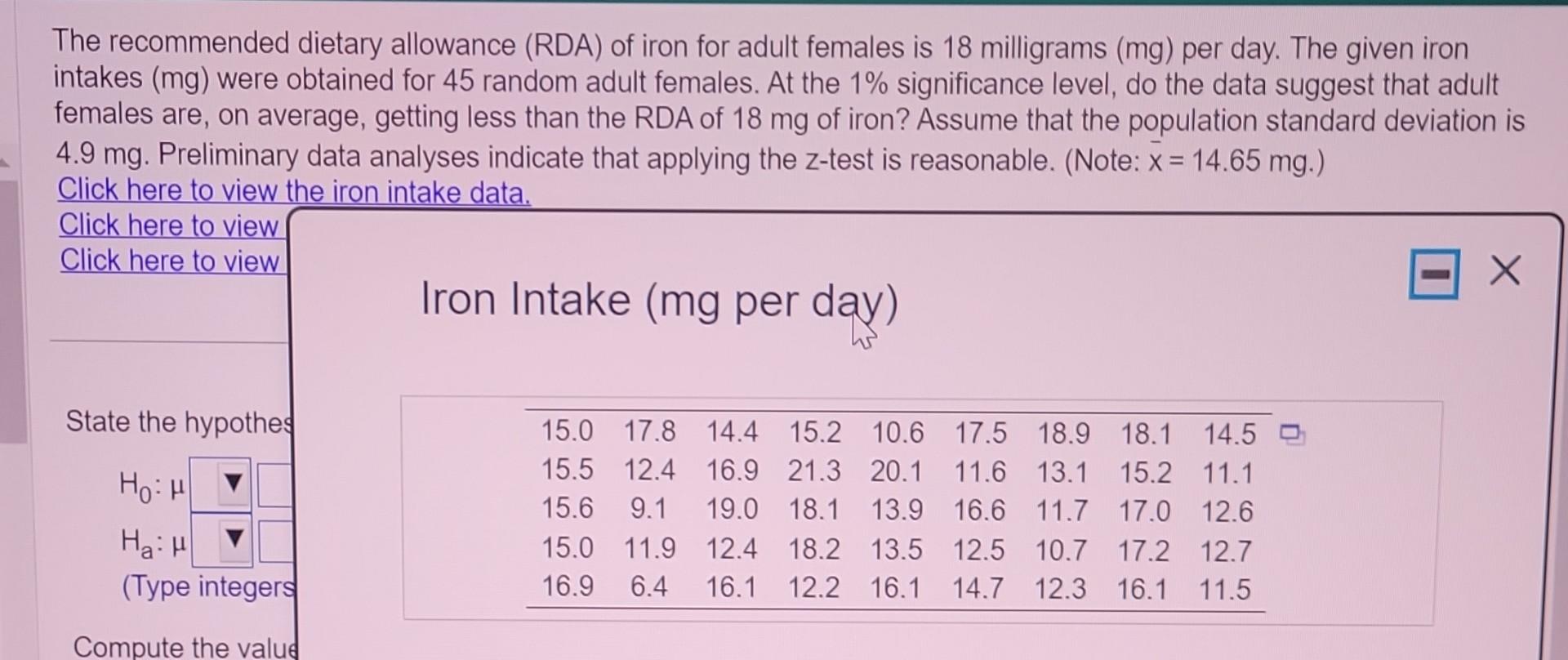 Solved The recommended dietary allowance (RDA) of iron for | Chegg.com