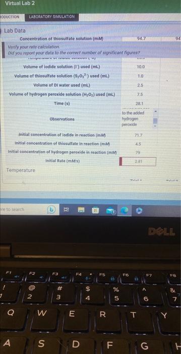 Solved Virtual Lab 2 Lab Data Concentration of thiosulfate | Chegg.com
