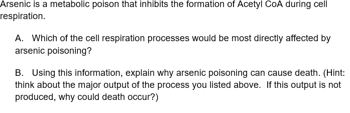 Solved Arsenic is a metabolic poison that inhibits the | Chegg.com