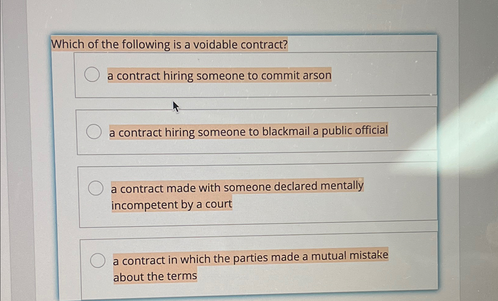 Solved Which of the following is a voidable contract?a | Chegg.com