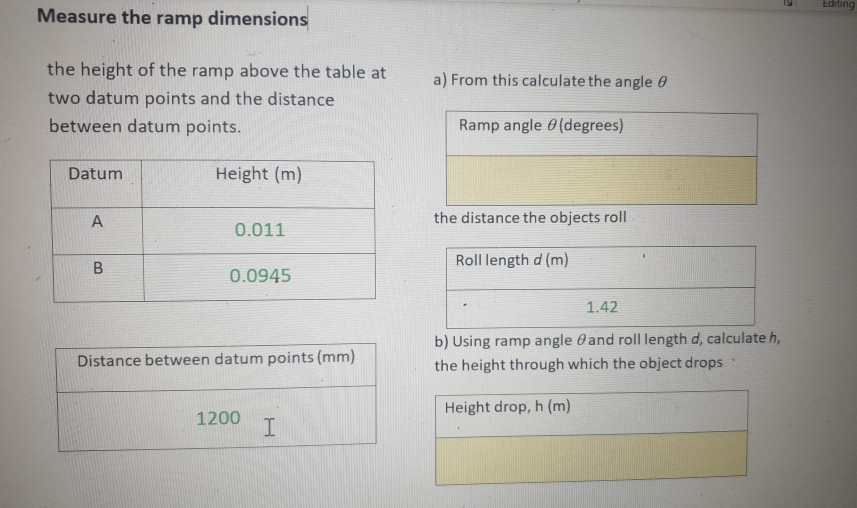 Solved height, hi 0.011m t am 1.42 m Ramp height, h₂ = | Chegg.com