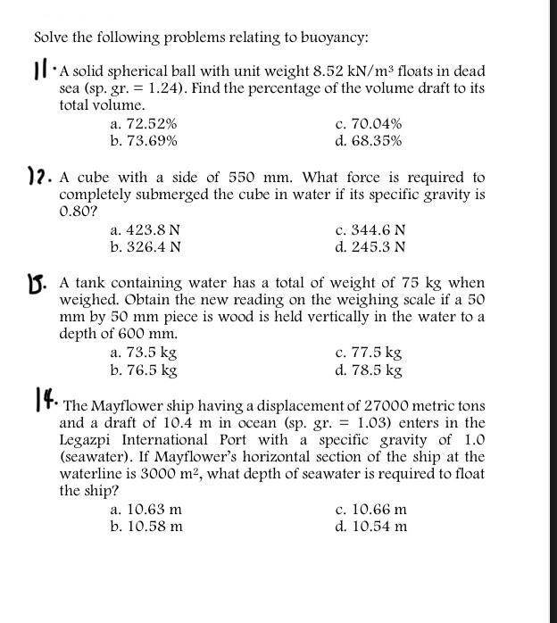 Solved Solve the following problems relating to buoyancy: | Chegg.com