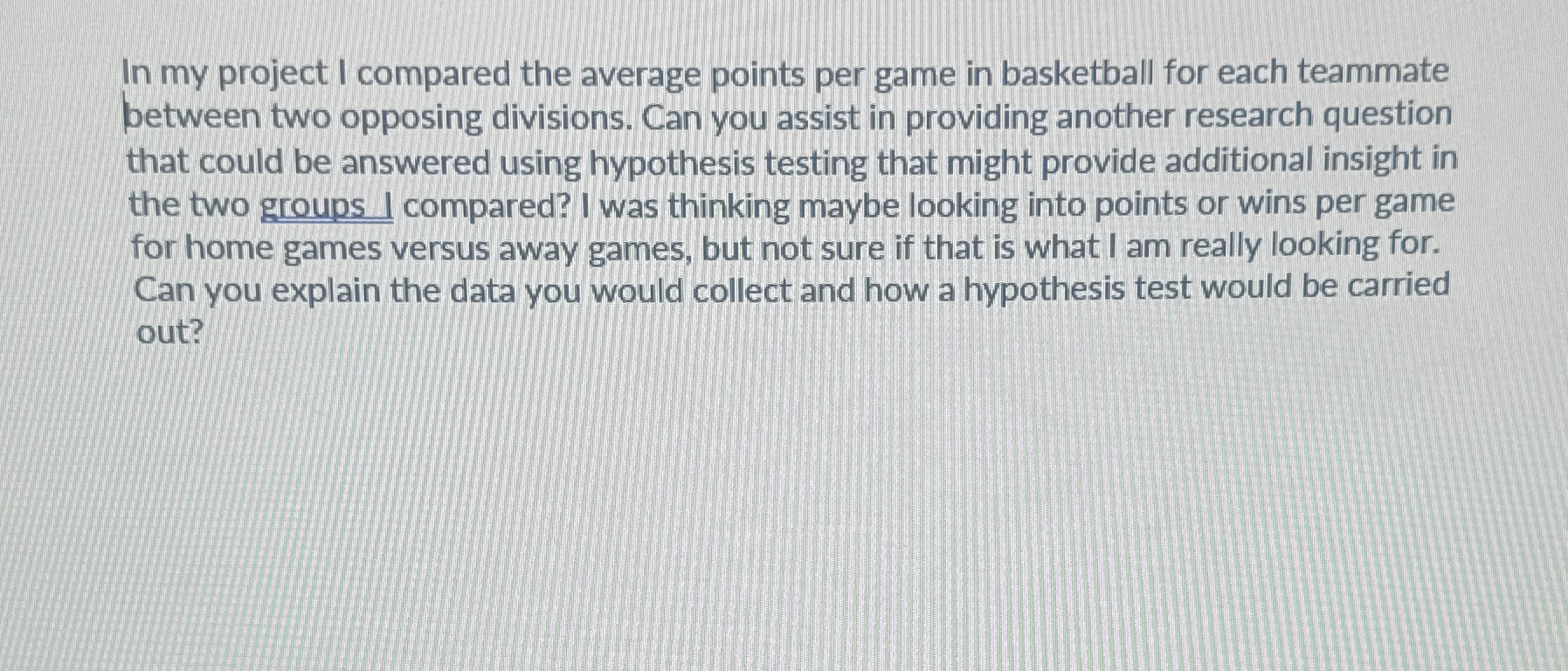 Solved In my project I compared the average points per game | Chegg.com