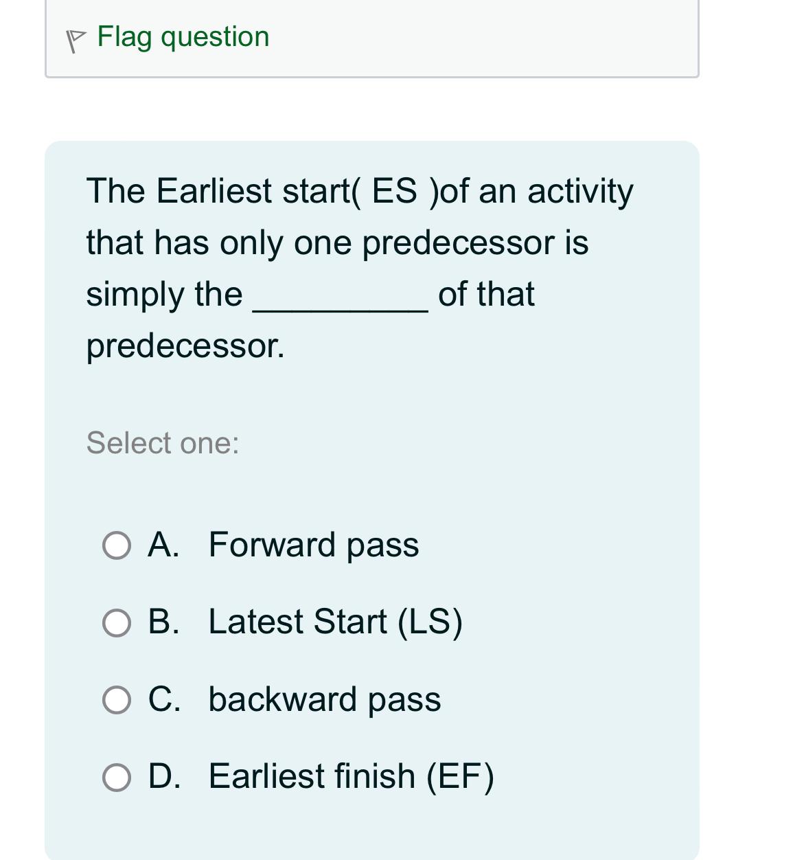 Solved Flag questionThe Earliest start( ﻿ES )of an activity | Chegg.com