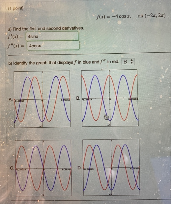 Solved (1 point) f(x) = -4 cos x, on (-21, 21) a) Find the | Chegg.com