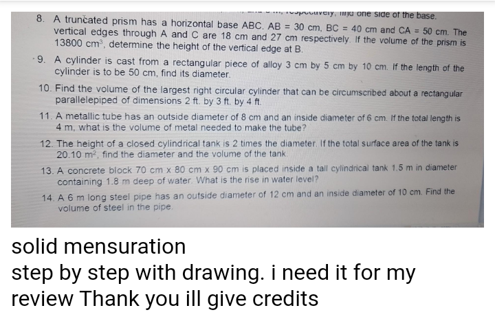 Solved 8. A truncated prism has a horizontal base ABC. AB=30 | Chegg.com