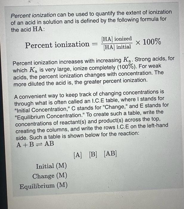 Solved Percent ionization can be used to quantify the extent | Chegg.com