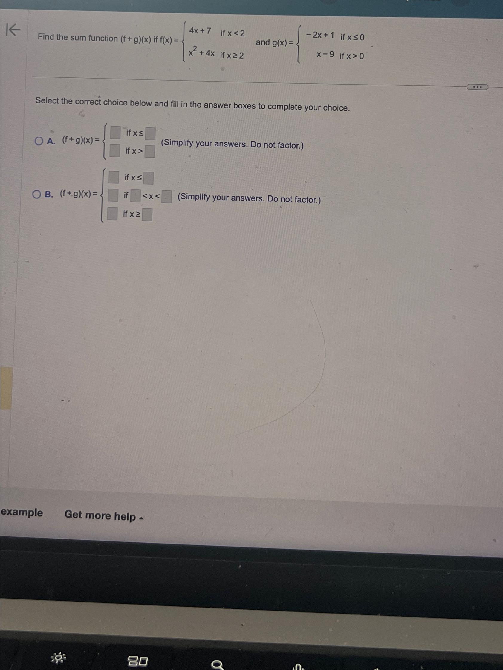 Solved Find the sum function (f+g)(x) ﻿if | Chegg.com