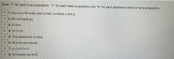Solved Enter "T" for each true proposition, "F" for each | Chegg.com