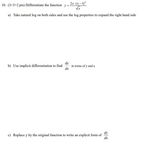 Solved pts) ﻿Differentiate the function y=2x*(x-1)9x2a) | Chegg.com