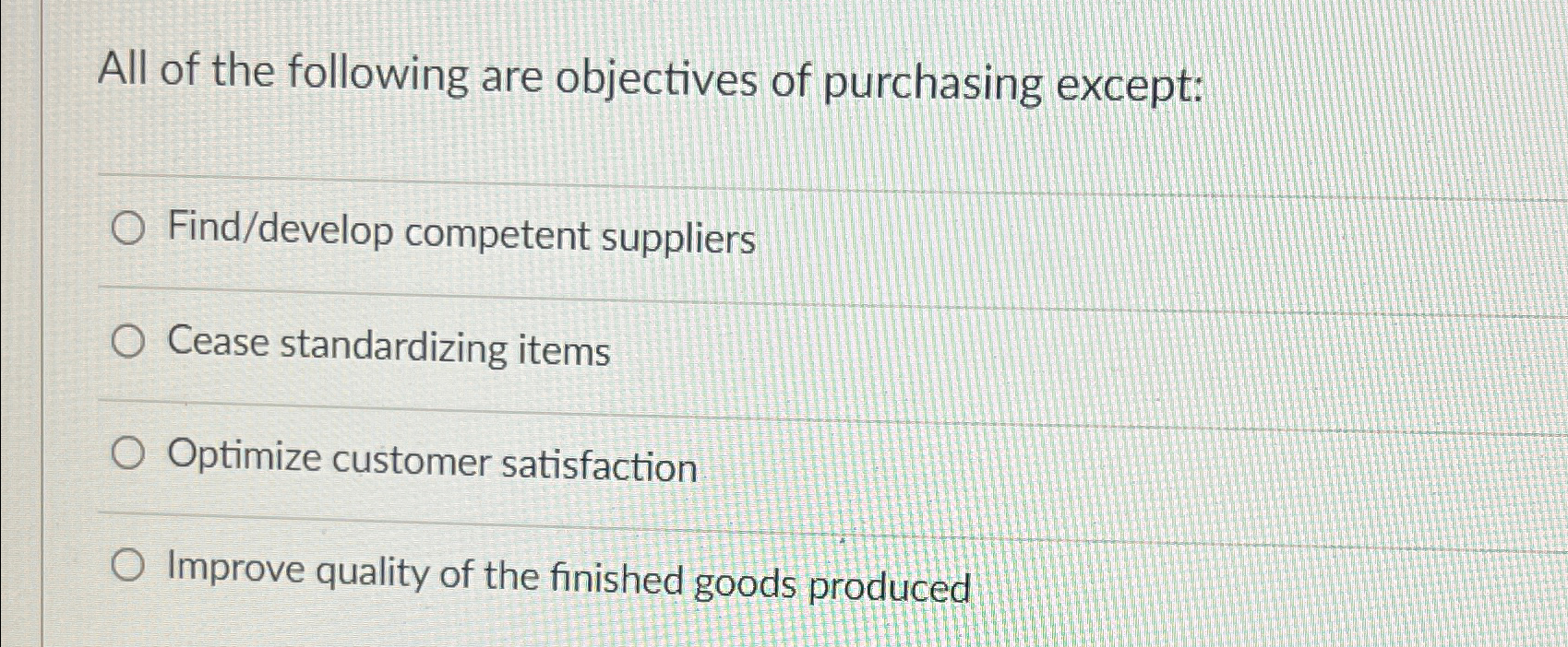 Solved All of the following are objectives of purchasing | Chegg.com