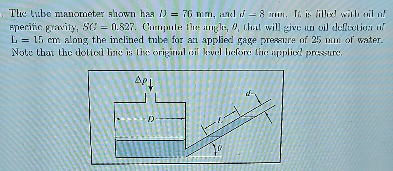 Solved The tube manometer shown has D=76 mm, and d=8 mm. It | Chegg.com