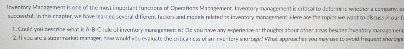 Solved Inventory Management is one of the most important | Chegg.com