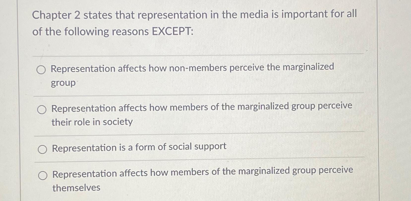 Solved Chapter 2 ﻿states that representation in the media is | Chegg.com