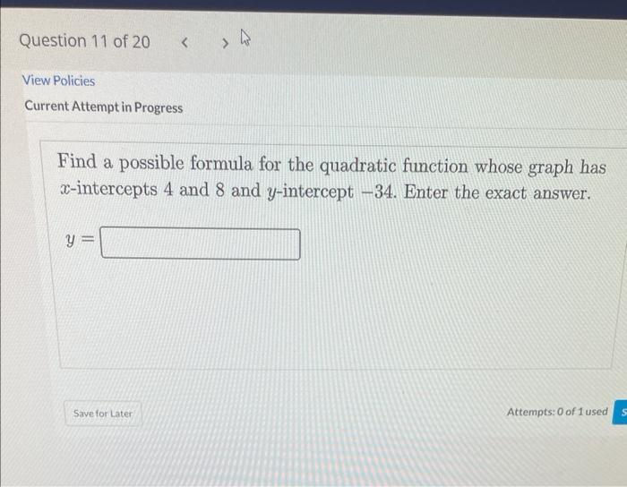 Solved Find a possible formula for the quadratic function | Chegg.com