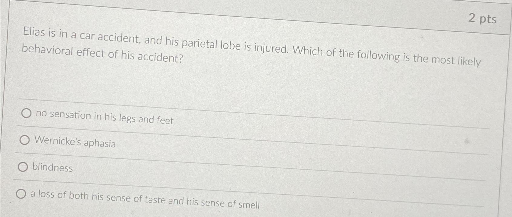 Solved Elias is in a car accident, and his parietal lobe is | Chegg.com