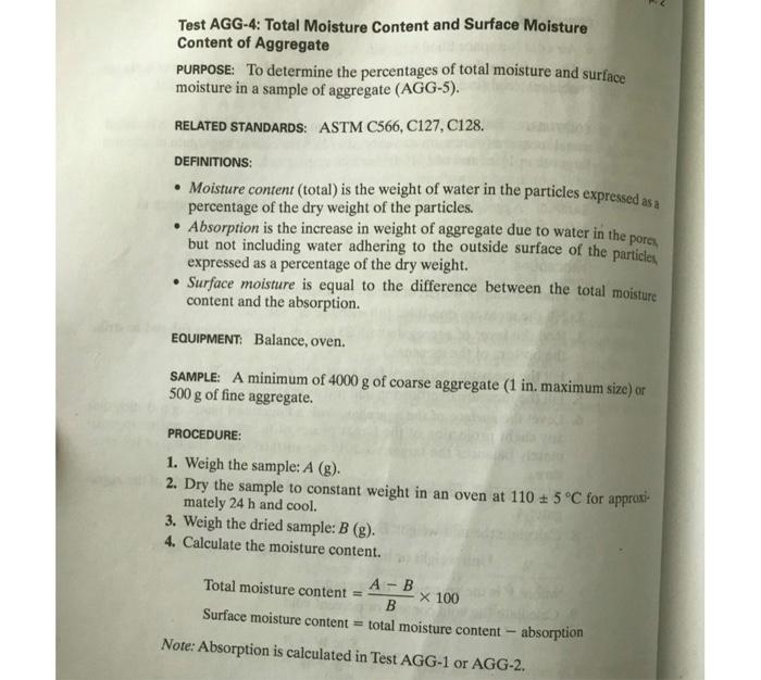 Test AGG-4: Total Moisture Content and Surface | Chegg.com