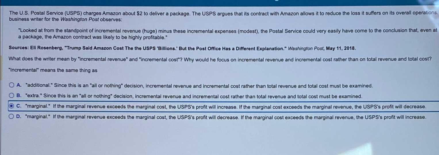 Solved The U.S. ﻿Postal Service (USPS) ﻿charges Amazon about | Chegg.com