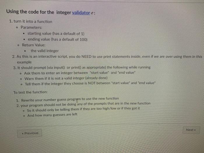 Solved the code for integer validator is in the 2nd picture | Chegg.com