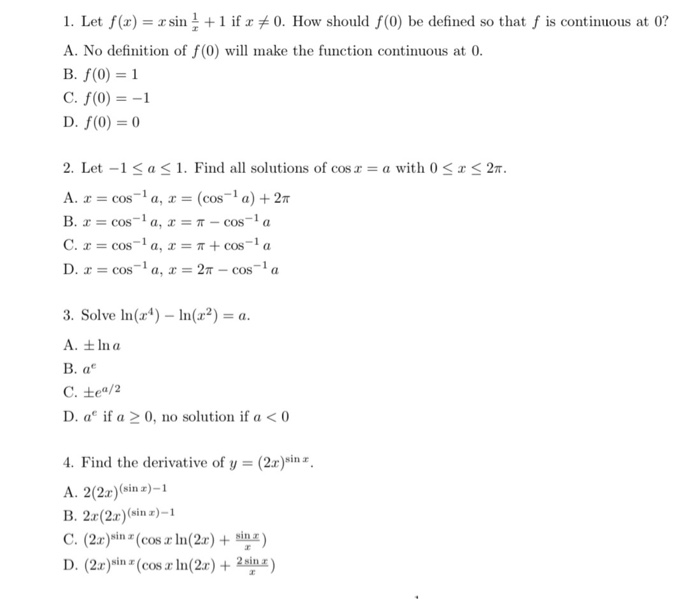 Solved 1. Let f(x) = x sin 1 + 1 if x # 0. How should f(0) | Chegg.com