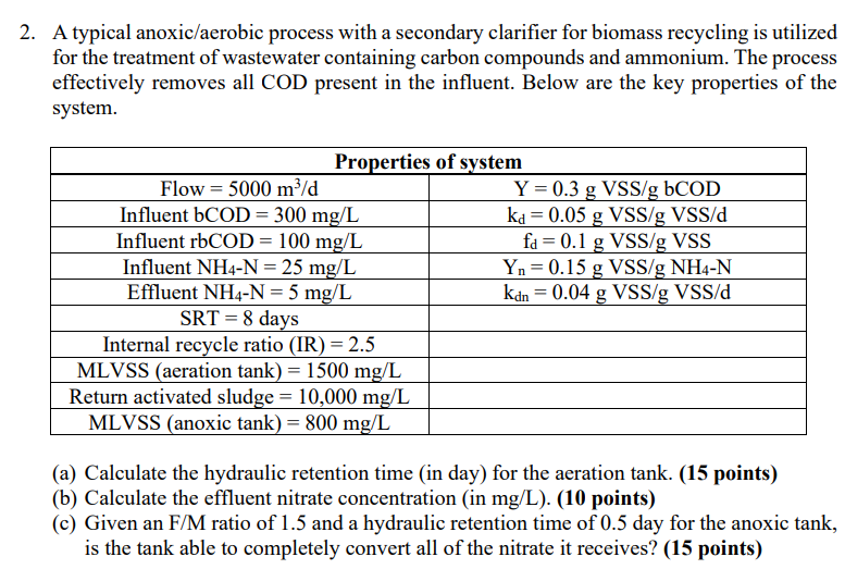 Solved A typical anoxic/aerobic process with a secondary | Chegg.com