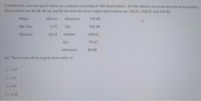 Solved Consider the summary given below for a dataset | Chegg.com