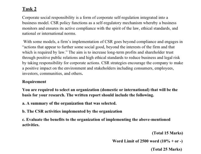 Solved Task 2 Corporate social responsibility is a form of | Chegg.com